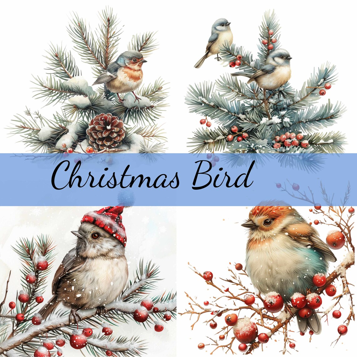 16 Cute Bird With Christmas Tree Clipart Bundle, 16 High-quality JPG ...