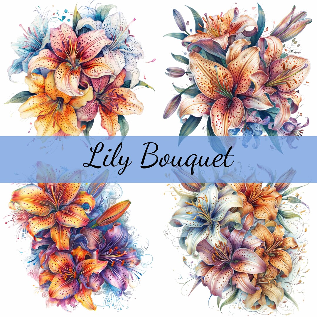 16 Stargazer Lily Flower in a Bouquet Clipart Bundle, High-quality JPG ...