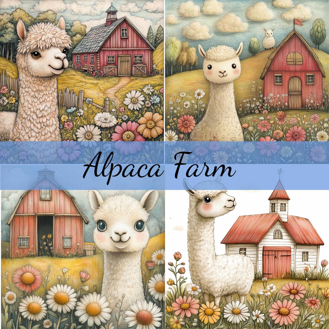 14 Folk Art Alpaca on Farm With Barn Flowers Clipart Bundle, 14 High ...
