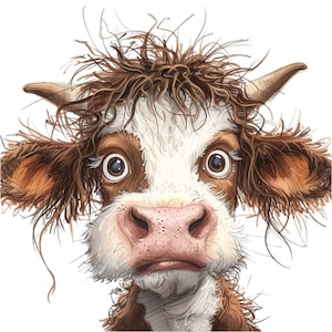 Crazy Hair Cow Cartoon Clipart Bundle, 16 High-quality JPG, Craft Art ...