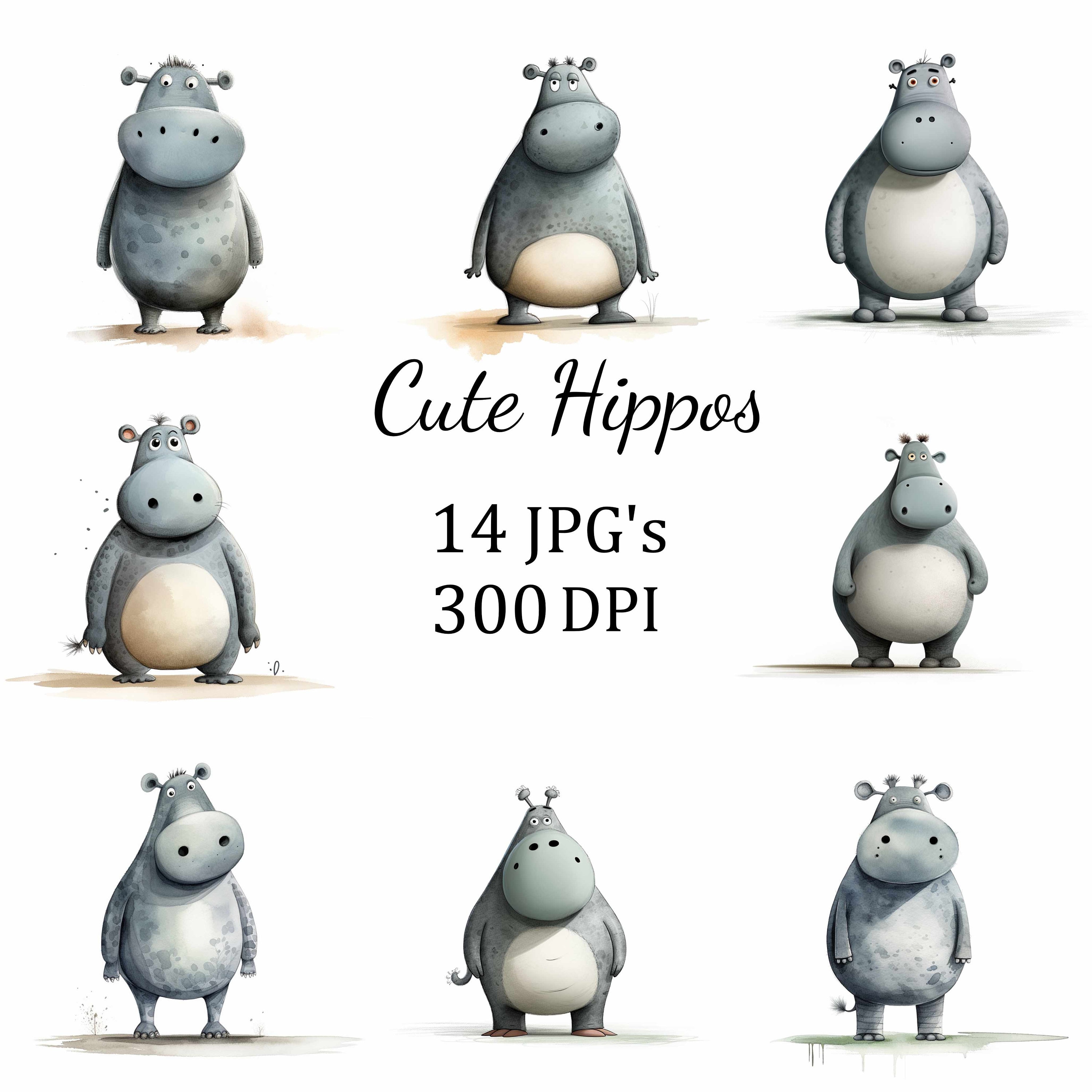 14 Cute Funny Hippos Clipart Bundle, High-quality JPG, Card Making ...
