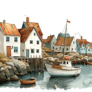 16 Folk Art Harbor Boats Houses Clipart Bundle, 16 High-quality JPG ...