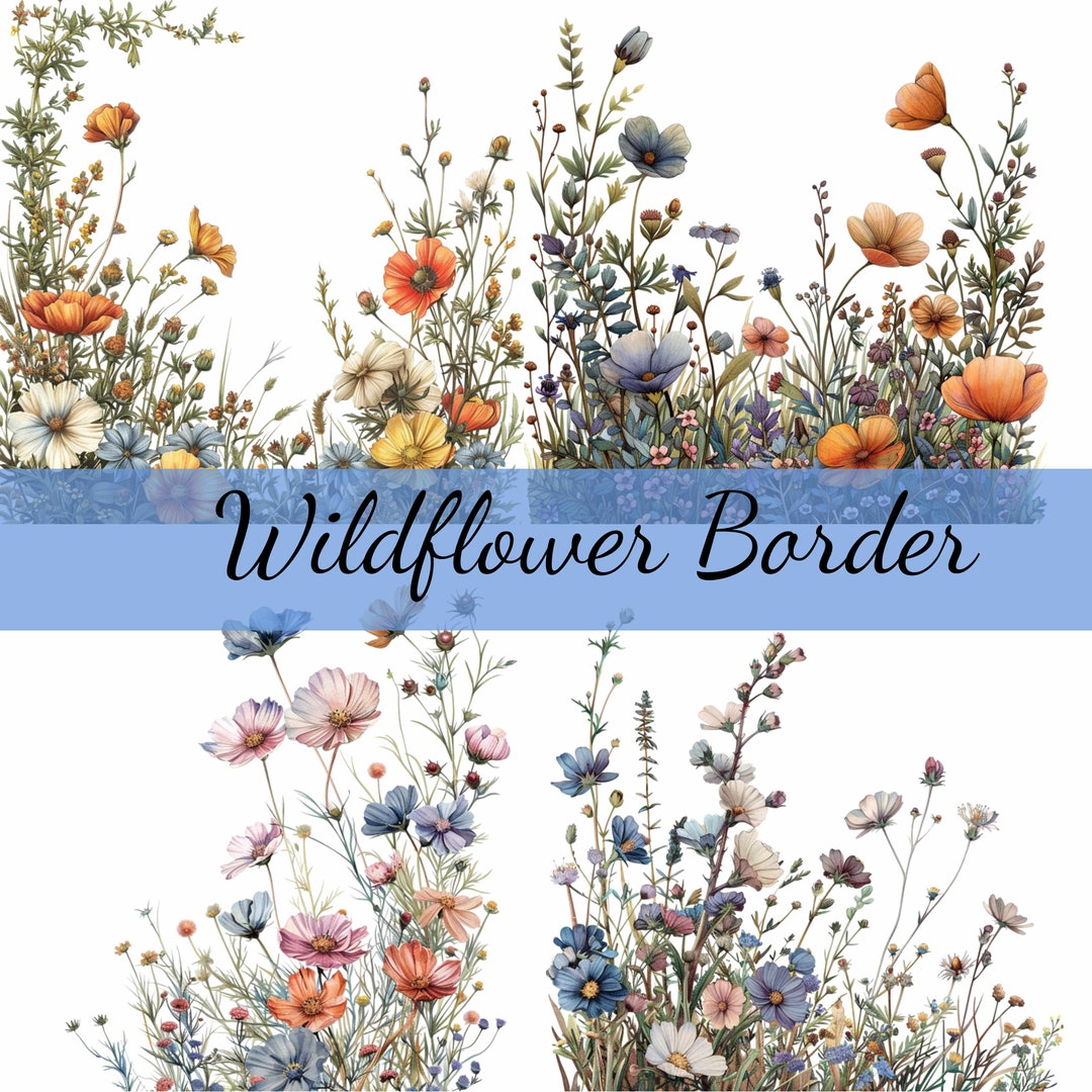 Wildflowers in a Row Border Clipart Bundle, 16 High-quality JPG, Craft ...