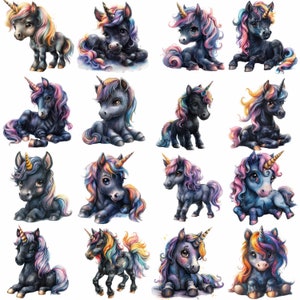 Cute Black Unicorn Clipart Bundle, 16 High-quality JPG, Craft Art, Card ...