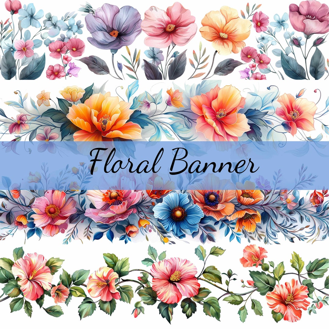 Flower Banner Page Border Clipart Bundle, 16 High-quality JPG, Craft ...