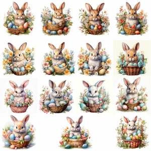 15 Bunny in Easter Basket W Easter Eggs Clipart Bundle High-quality JPG ...