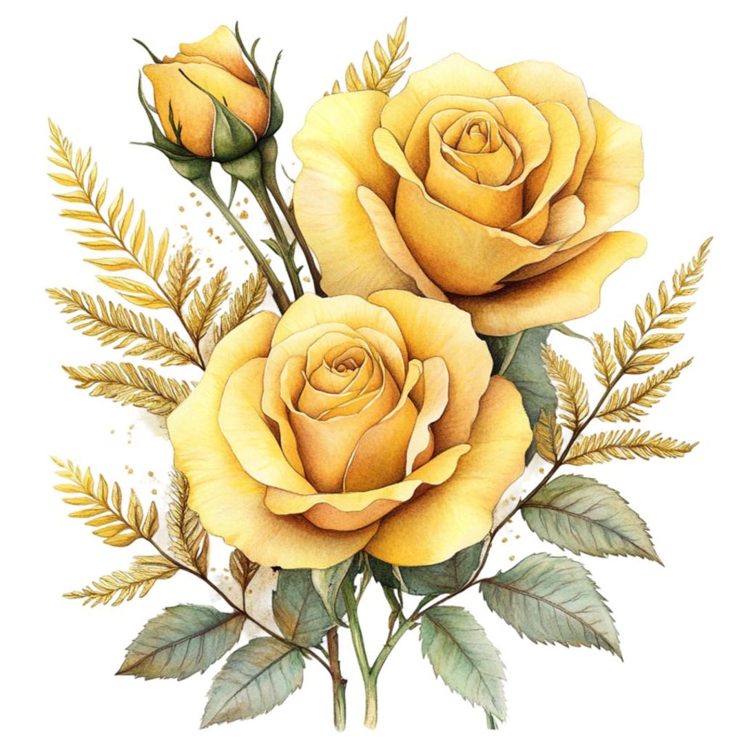 16 Yellow Rose Flower With Gold Clipart Bundle, JPG and Transparent PNG ...