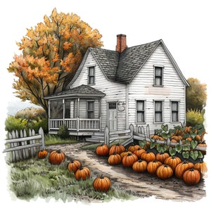 15 Farm House With Pumpkins Clipart Bundle, 15 High-quality JPG, Craft ...