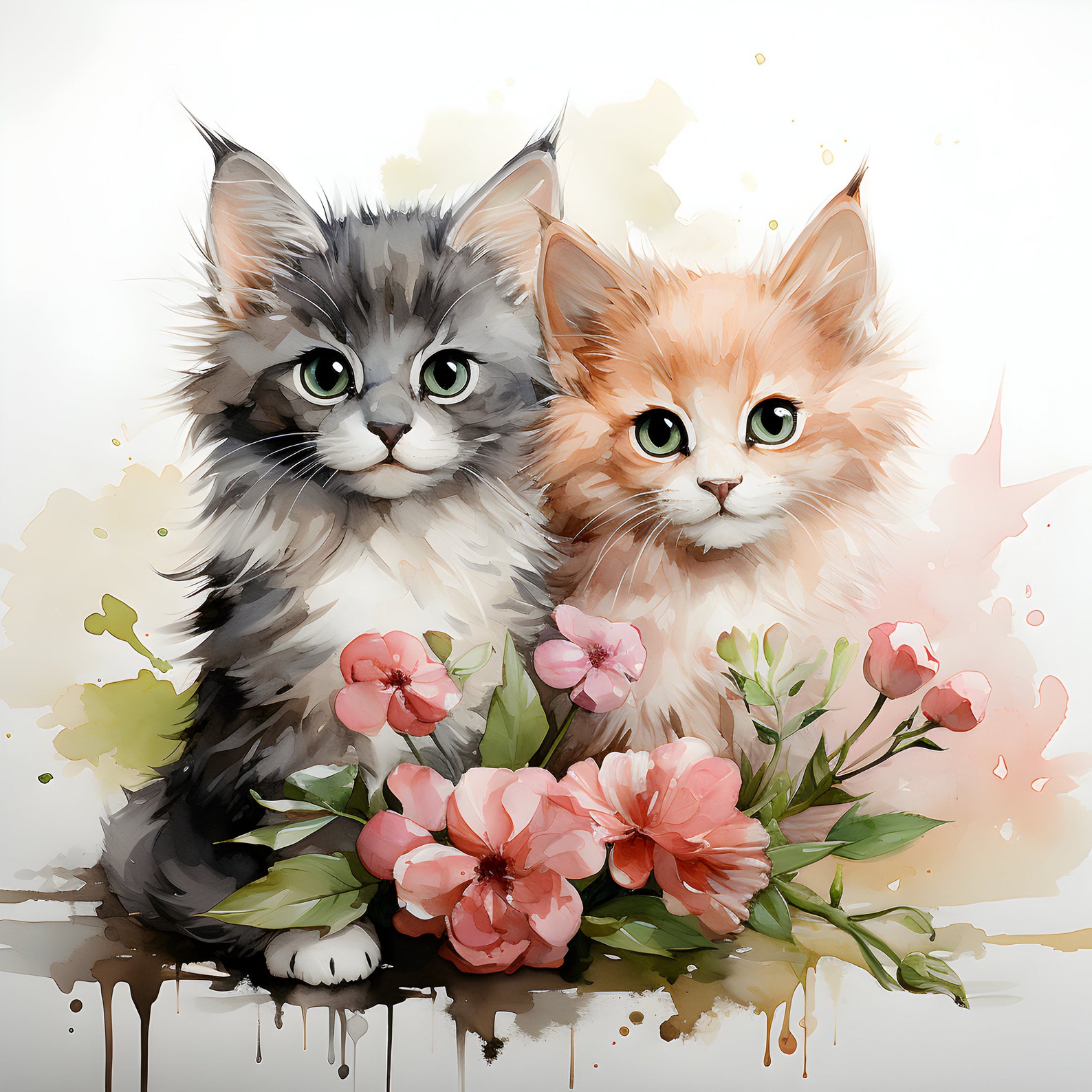 16 Cat Kitten Friends With Flowers Clipart Bundle, 16 High-quality Jpgs ...