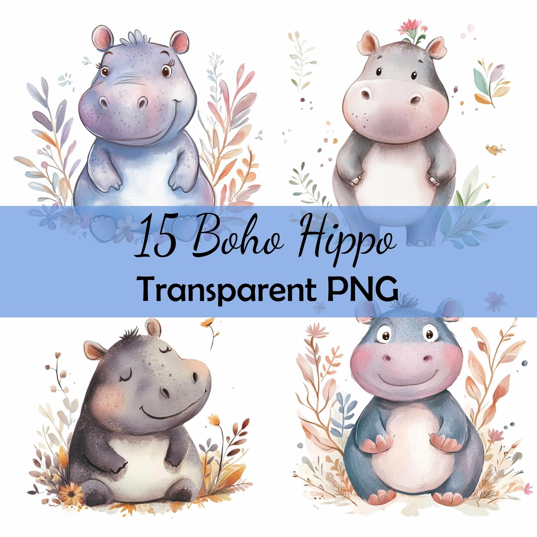 15 Boho Hippo Watercolor Clipart Bundle Transparent PNG Download, Card ...