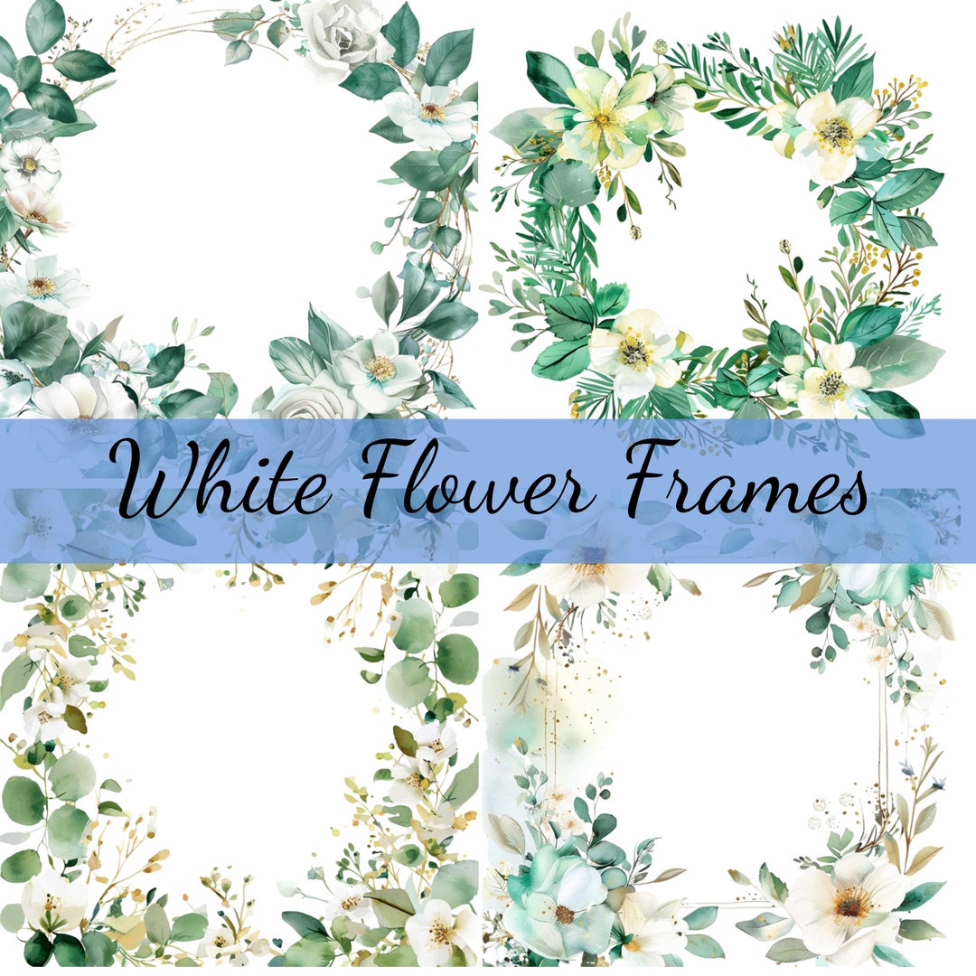 White Flower Wreath Frames Clipart Bundle, 16 High-quality JPG, Craft ...
