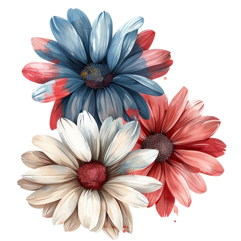 Red White Blue Daisy Flowers Clipart Bundle, 16 High-quality JPG, Craft ...