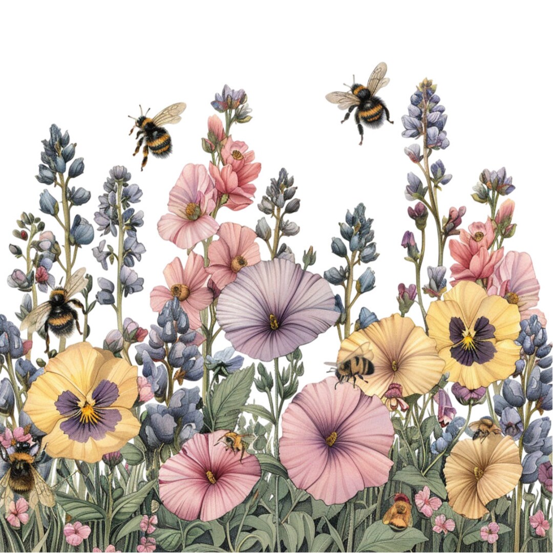 Row of Flowers With Bees Clipart Bundle, 16 High-quality JPG, Craft Art ...