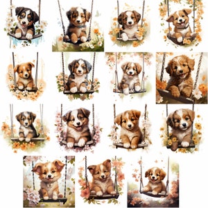Puppy Dog on Swing With Spring Flowers Clipart Bundle, High-quality JPG ...