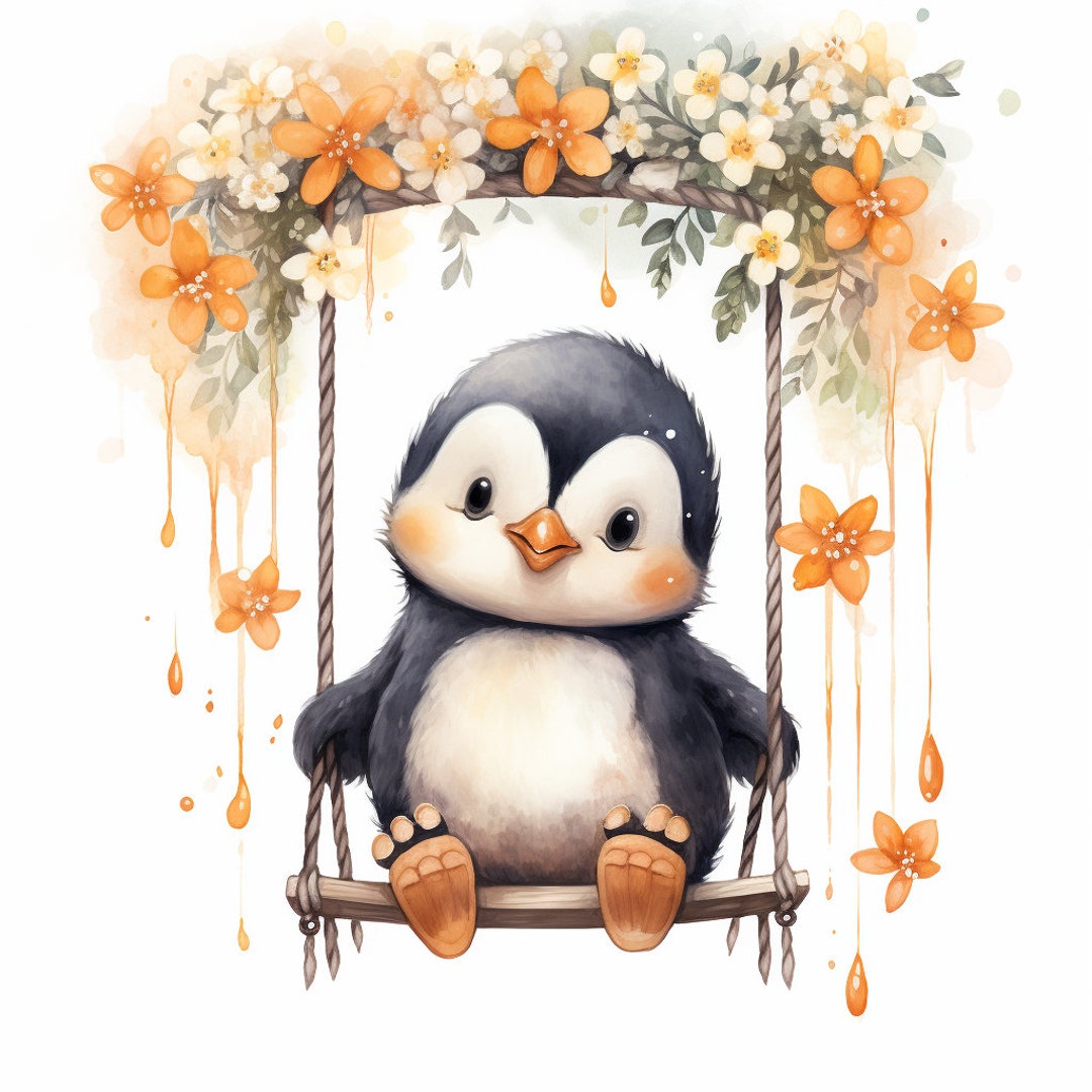 Penguin on Swing With Spring Flowers Clipart Bundle, High-quality JPG ...