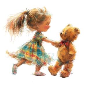Girl and Teddy Bear Dancing Clipart Bundle, 16 High-quality JPG, Craft ...