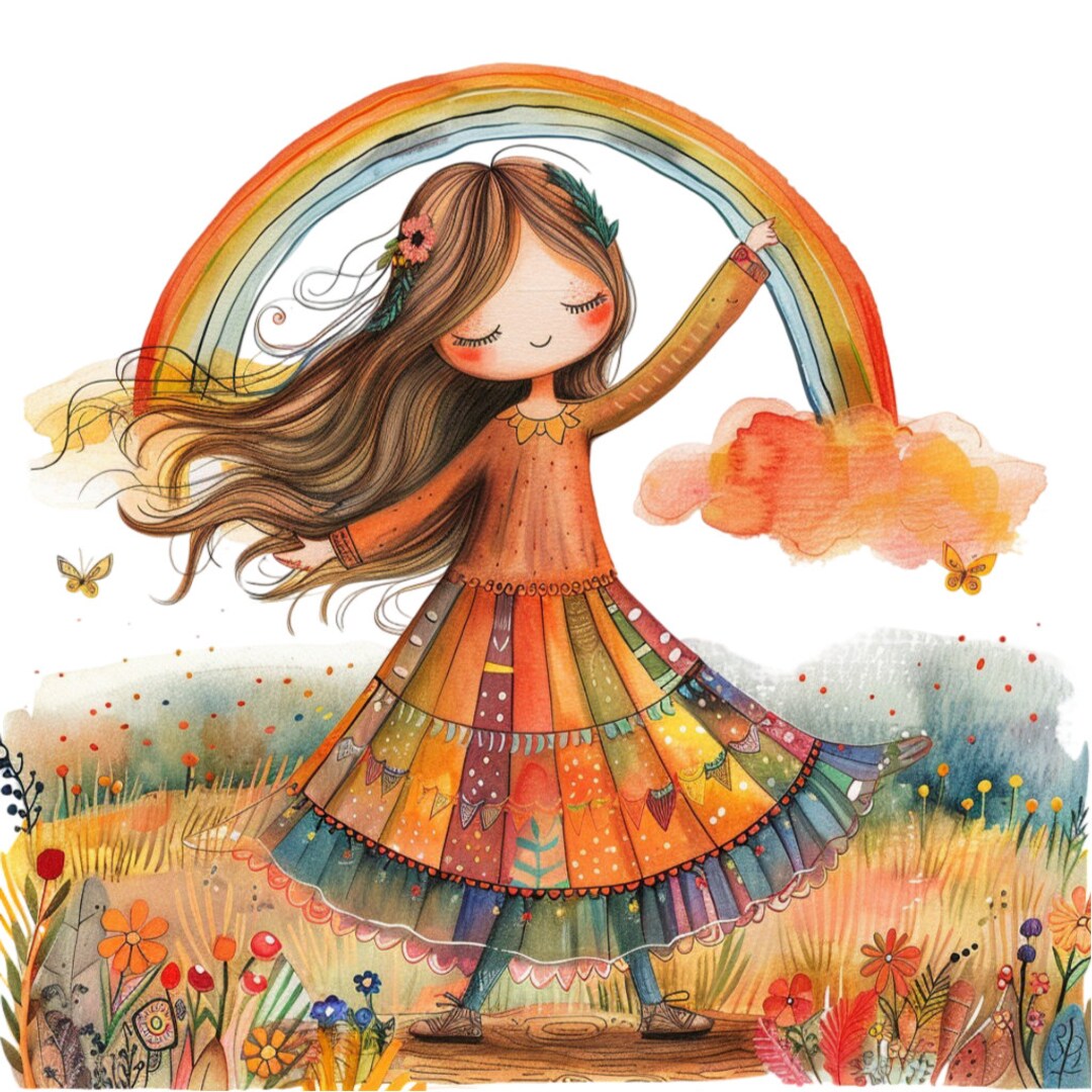 Boho Girl Dancing in Flower Meadow Clipart Bundle, 16 High-quality JPG ...