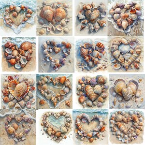 16 Shell Hearts on the Beach Clipart Bundle, 16 High-quality JPG, Craft ...