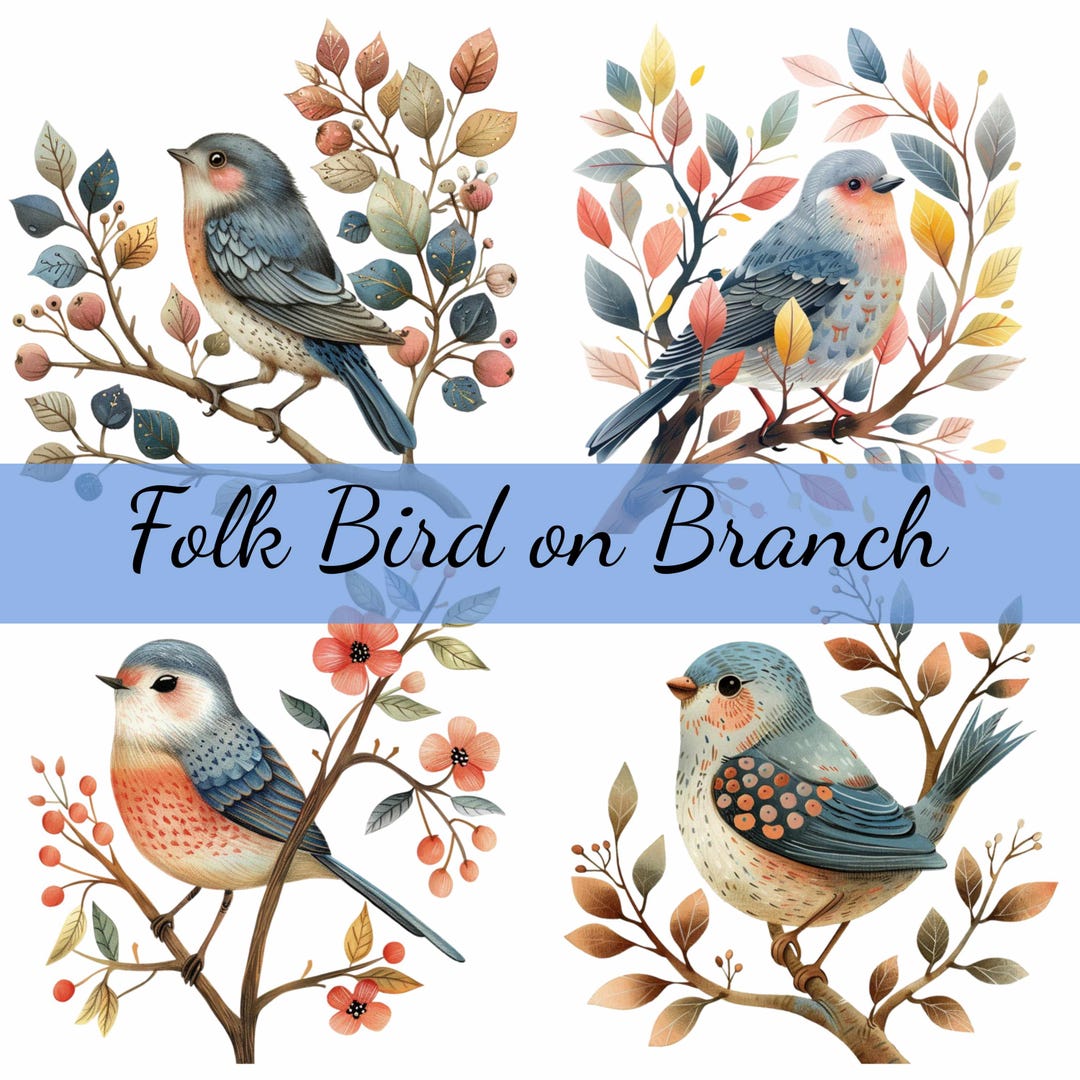 12 Bird on a Tree Branch Folk Art Clipart Bundle, 12 High-quality JPG ...