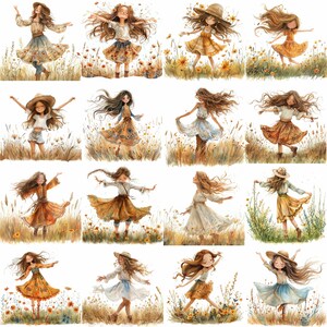 Cute Boho Girl Dancing in Flowers Clipart Bundle, 16 High-quality JPG ...