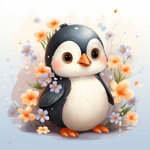 Penguin in Spring Flowers Clipart Bundle, High-quality JPG, Craft Art ...