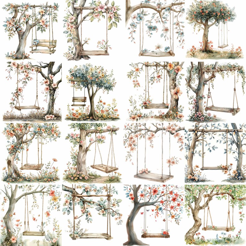 16 Floral Flower Tree Swing Clipart Bundle, High-quality JPG, Craft Art ...