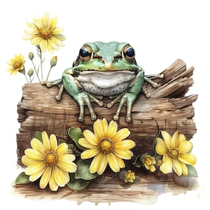 15 Cute Frog on Log With Flowers Clipart Bundle, 15 High-quality JPG ...