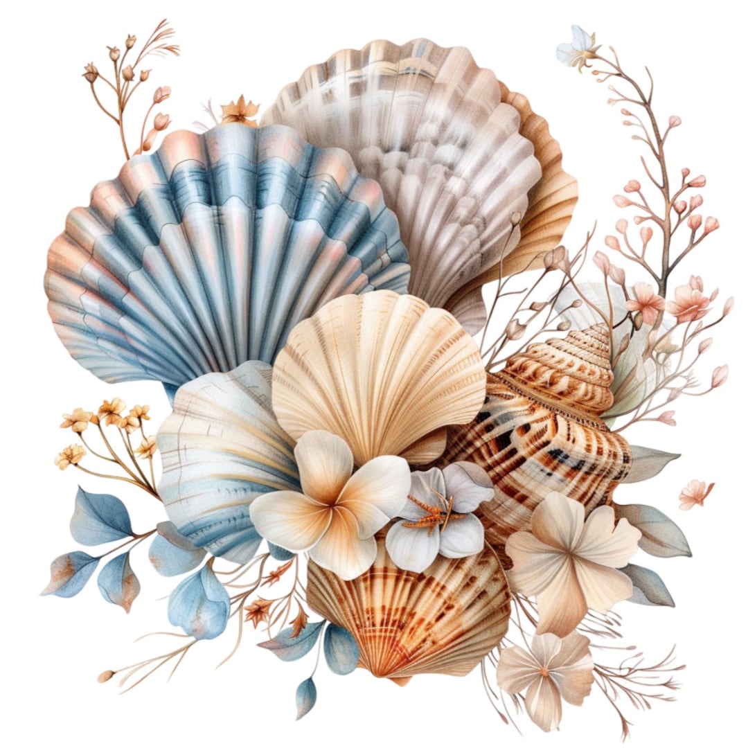 Sea Shells With Flowers Clipart Bundle, 16 High-quality JPG, Craft Art ...