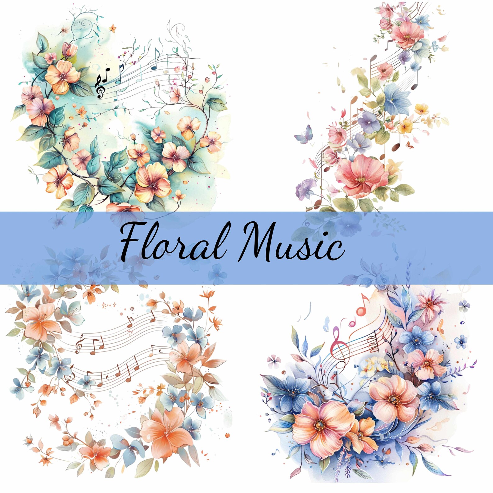 16 Floral Music Notes Flower Clipart Bundle, 16 High-quality JPG, Craft ...