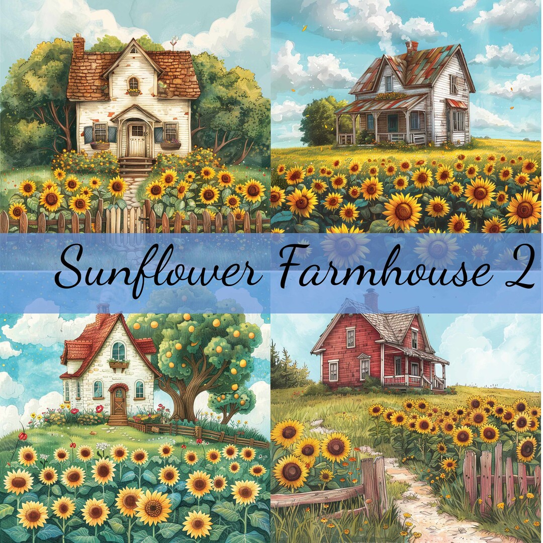 16 Cute Farm House With Sunflowers 2 Clipart Bundle, High-quality JPG ...