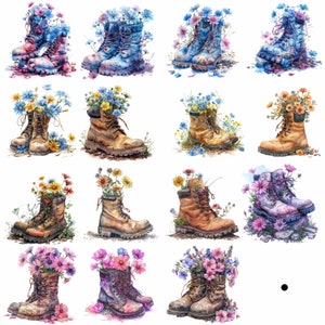 Colorful Flowers in Work Boots Clipart Bundle, 15 High-quality JPG ...