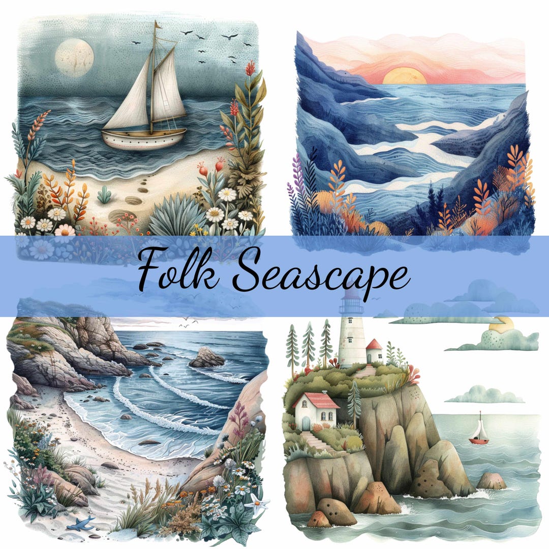 Folk Art Seascape Ocean Boats Clipart Bundle, 16 High-quality JPG ...