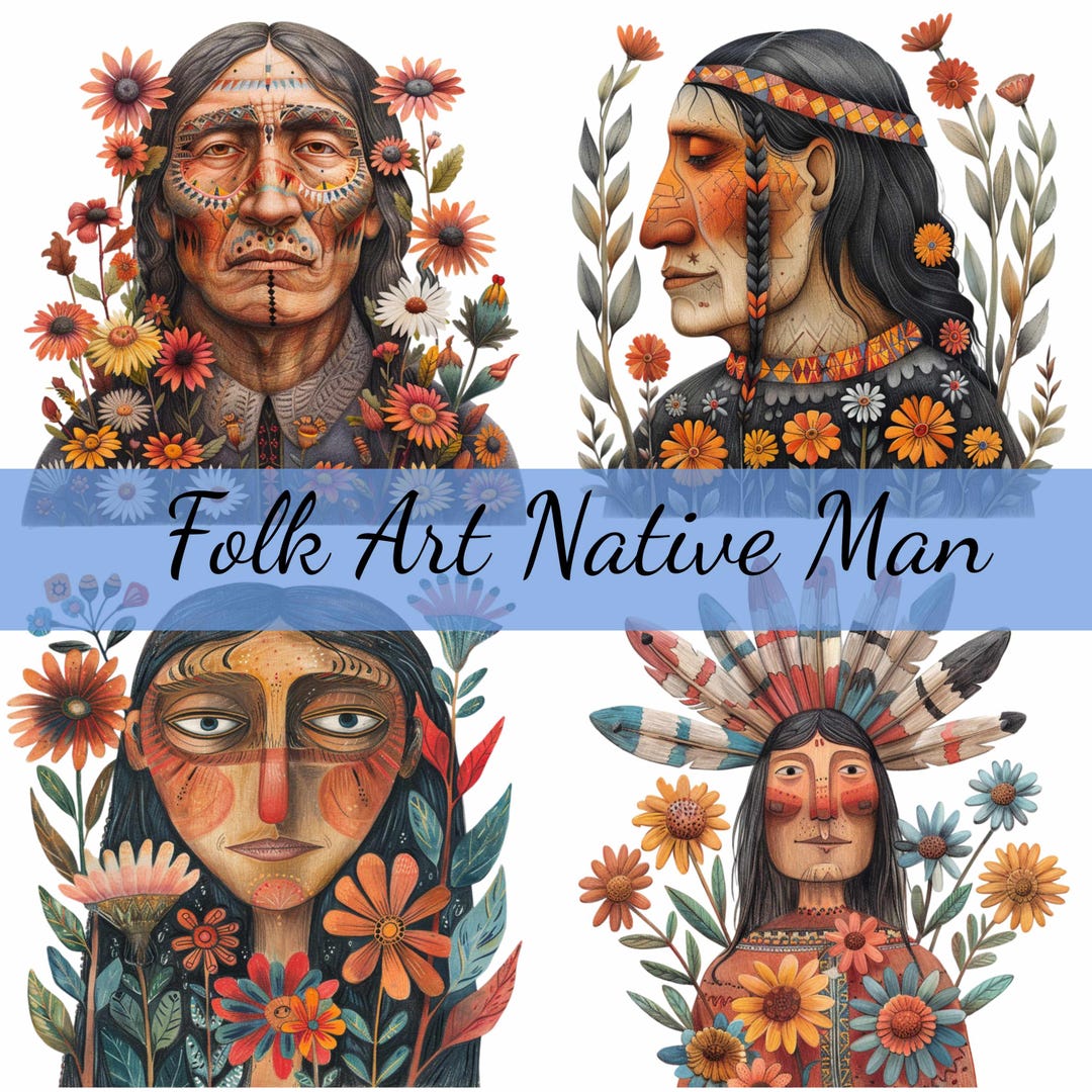 16 Folk Art Native American Man Clipart Bundle, 16 High-quality JPG ...