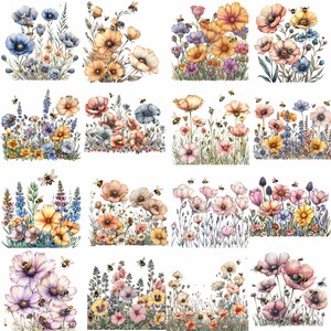 Row of Meadow Flowers With Bees Clipart Bundle, 16 High-quality JPG ...