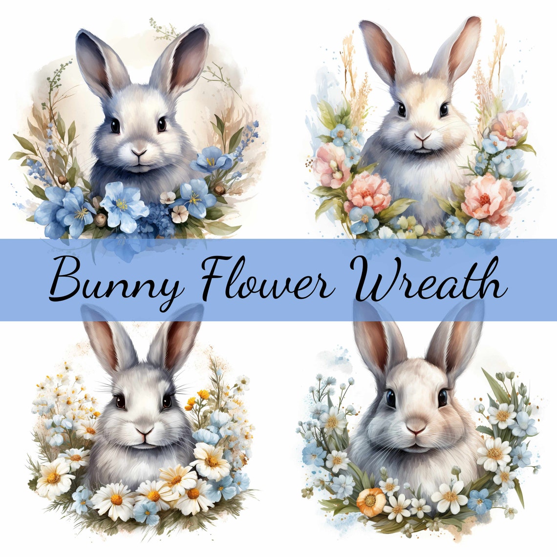 Easter Bunny Flower Wreath Clipart Bundle, High-quality JPG, Craft Art ...