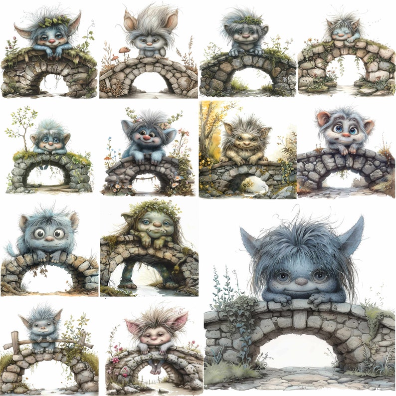 12 Cute Troll and Bridge Clipart Bundle, 12 High-quality JPG, Craft Art ...
