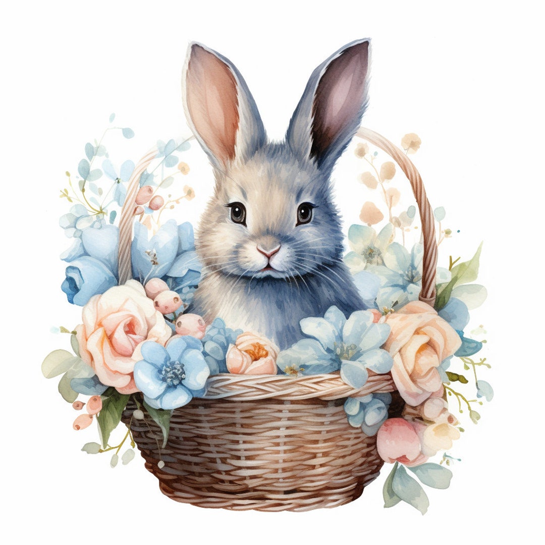 Bunny in Easter Basket W Flowers Clipart Bundle, High-quality JPG ...