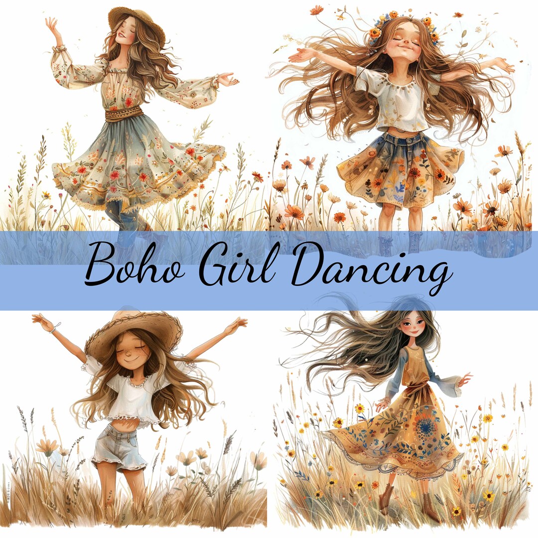 16 Cute Boho Girl Dancing in Flowers Clipart Bundle, 16 High-quality ...