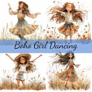 Cute Boho Girl Dancing in Flowers Clipart Bundle, 16 High-quality JPG ...
