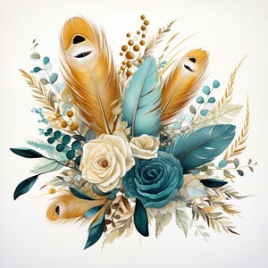 14 Boho Feather Flower Bouquet Clipart Bundle, High-quality JPG, Card ...