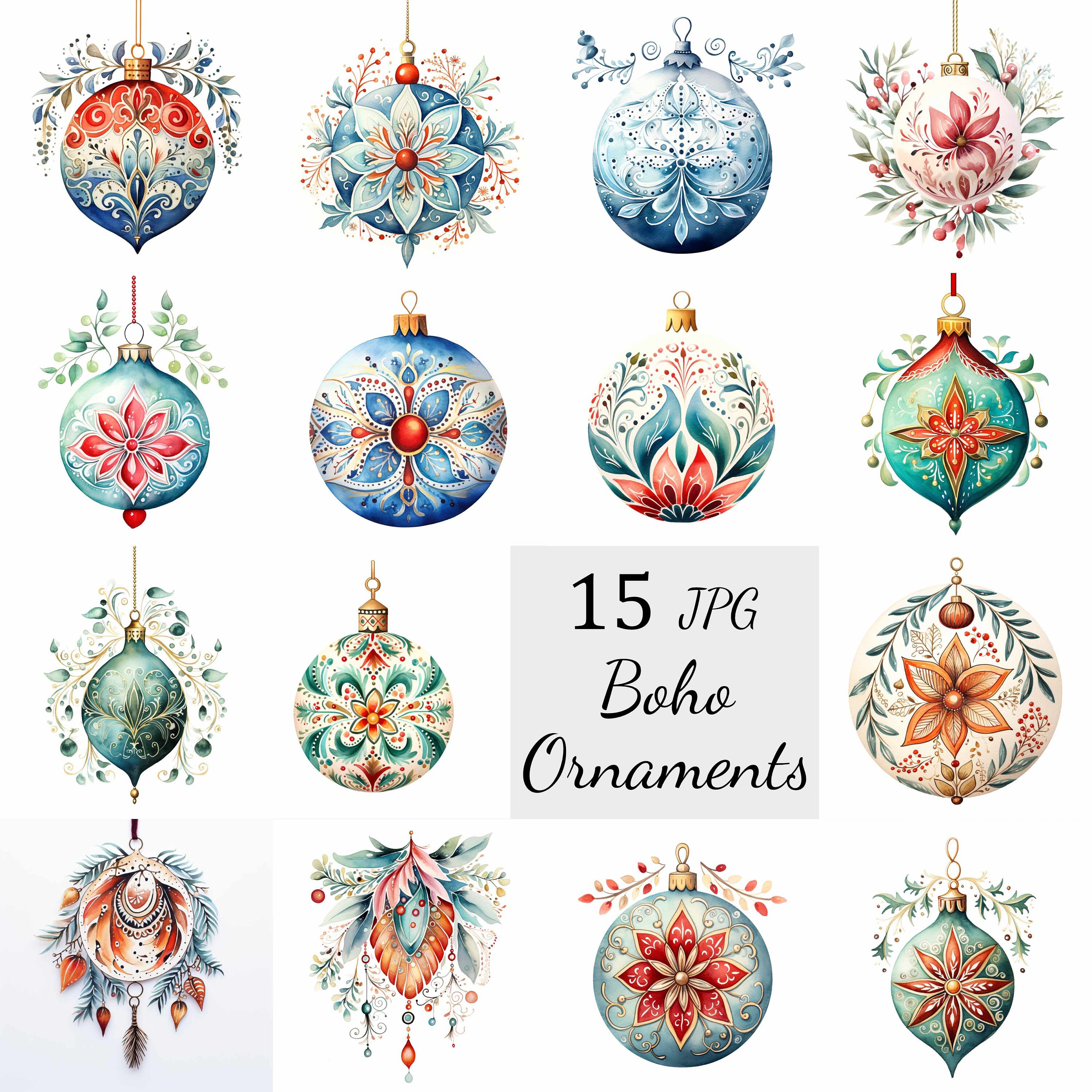 15 Boho Christmas Ornaments Clipart Bundle, High-quality JPG, Wall Art ...