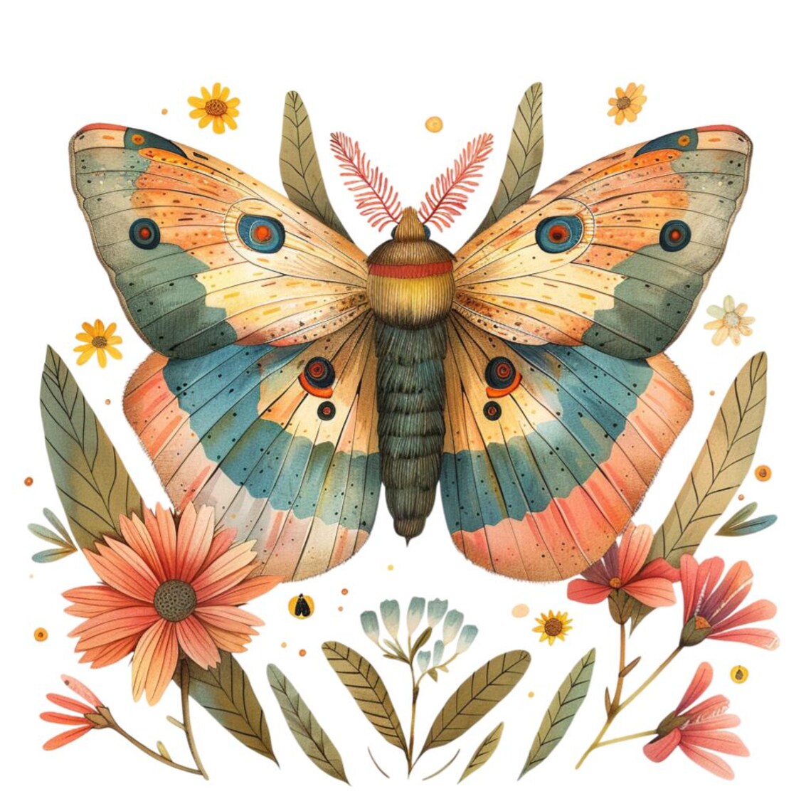 16 Folk Art Moth and Flowers Clipart Bundle, 16 High-quality JPG, Craft ...