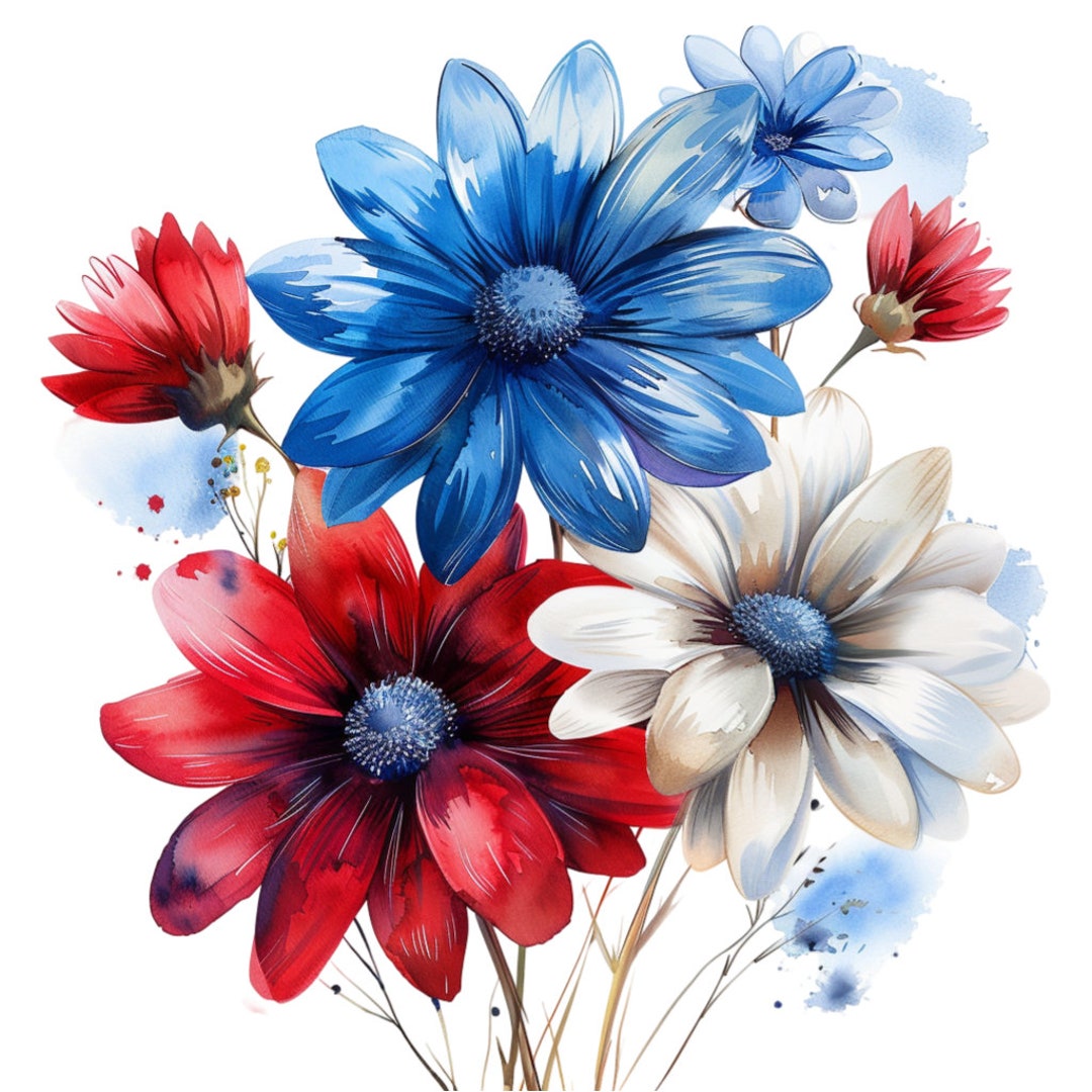 Red White Blue Daisy Flowers Clipart Bundle, 16 High-quality JPG, Craft ...