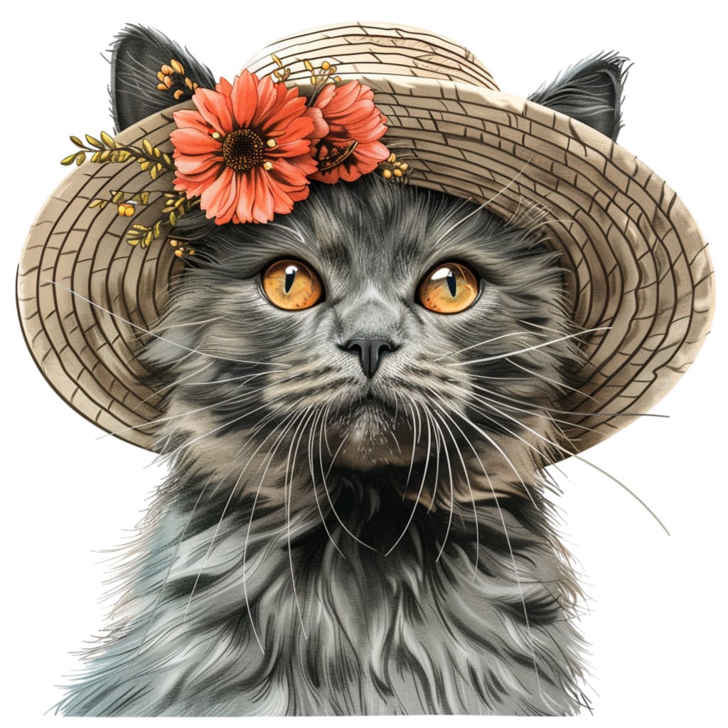 Cat With Straw Hat and Flowers Clipart Bundle, 16 High-quality JPG ...