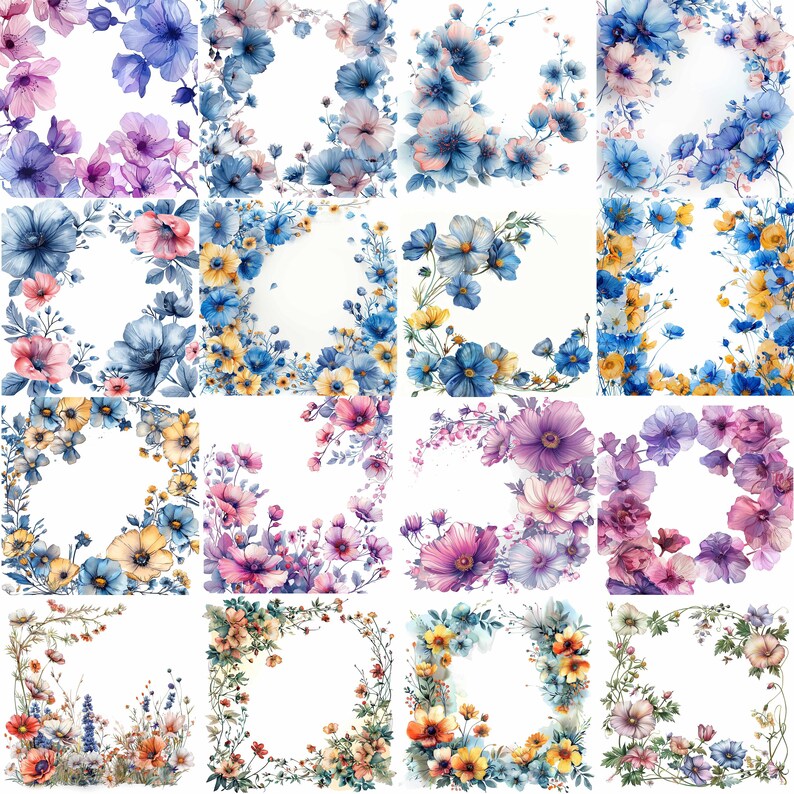 Flowers in a Square Frame Clipart Bundle, 16 High-quality JPG, Craft ...