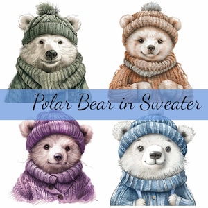 16 Polar Bear in Sweater Clipart Bundle, 16 High-quality JPG, Craft Art ...