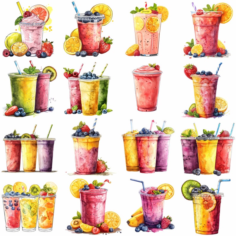 16 Fruit Smoothies Clipart Bundle, High-quality JPG, Craft Art, Card ...