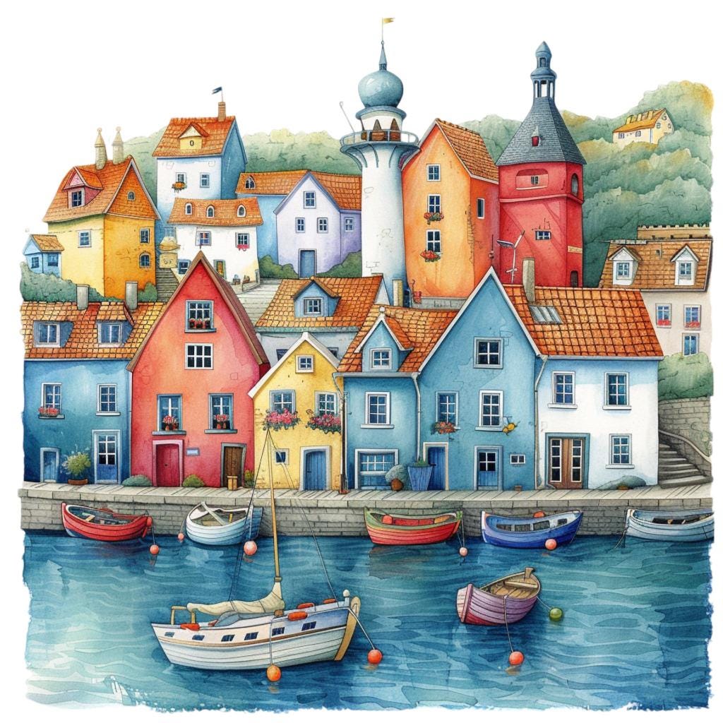 16 Folk Art Harbor Boats Houses Clipart Bundle, 16 High-quality JPG ...