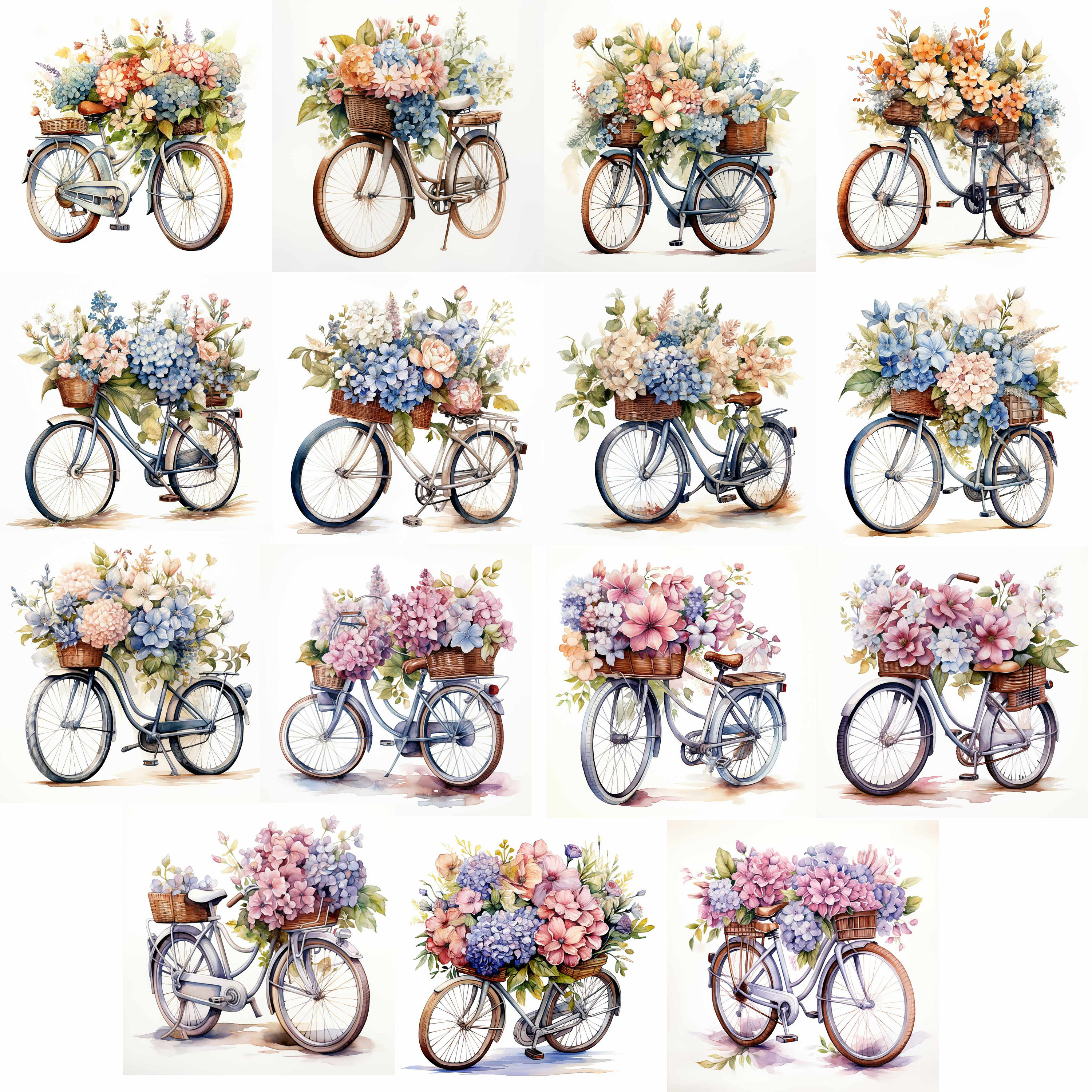 Flowers on Bicycle Clipart Bundle, High-quality JPG, Craft Art, Card ...