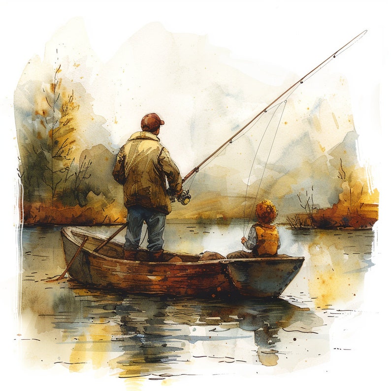 Dad and Son Fishing in a Boat Clipart Bundle, 16 High-quality JPG ...